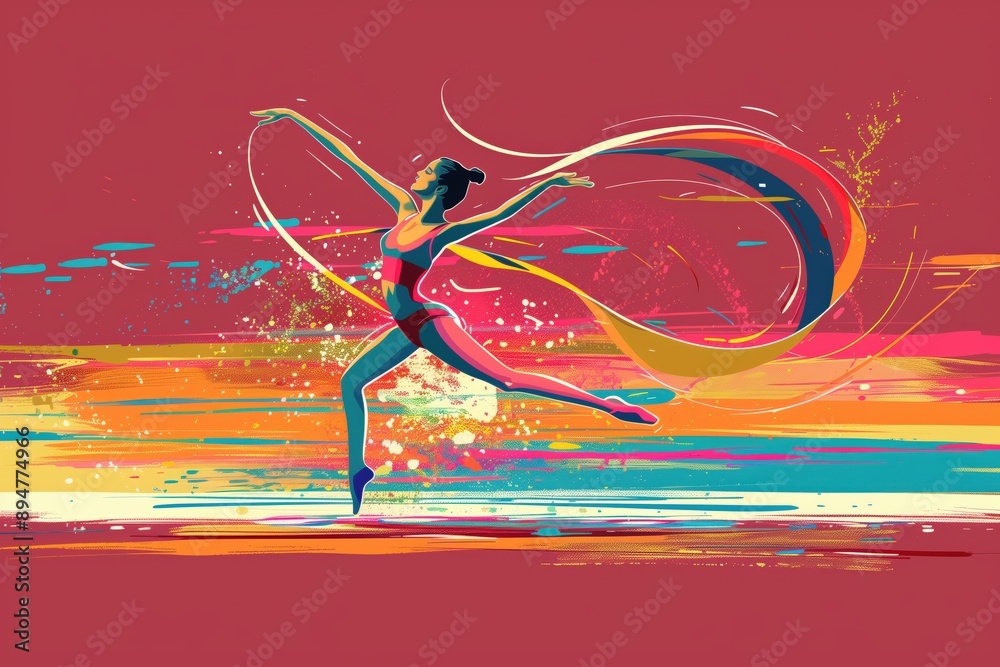 Rhythmic gymnastics, ribbon routine, detailed flat design illustration ...