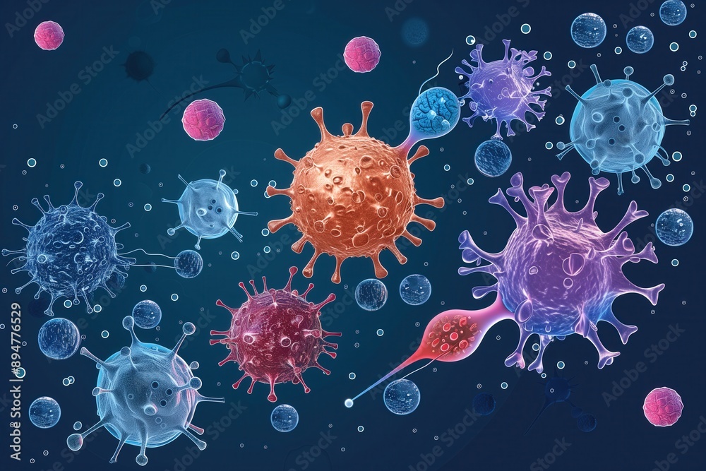 Immune system, cell types, detailed flat design illustration showing ...