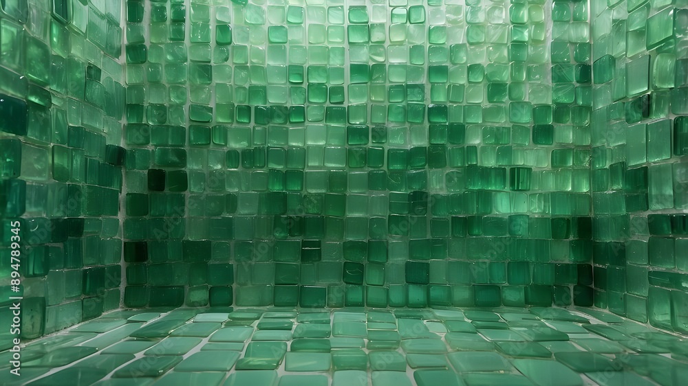 Background of green glass blocks, square bathroom wall tile texture ...