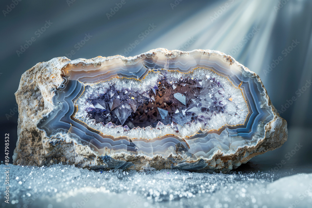 Macro shot of a cross-sectioned geode showing its crystalline structure ...