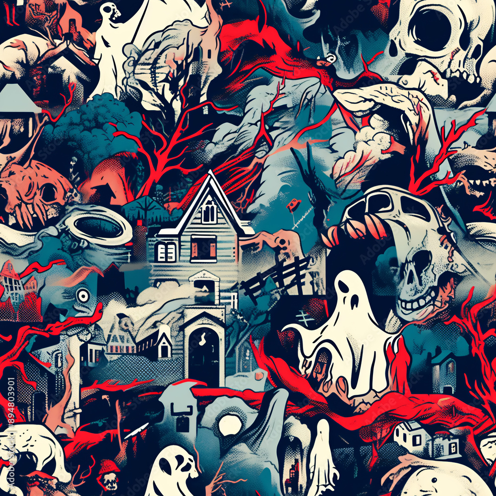 90s lo-fi template with horror movie elements, featuring haunted houses ...