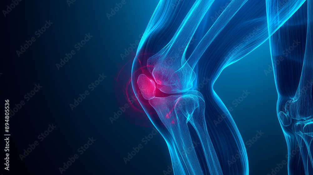 Blue 3D x-ray anatomy of knee pain, focusing on leg joint and bone ...