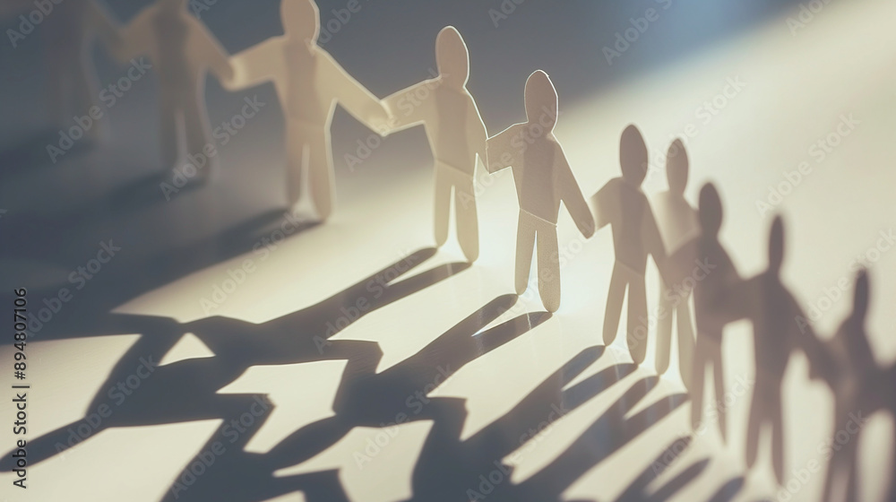 Office table with paper people holding hands in a continuous chain ...