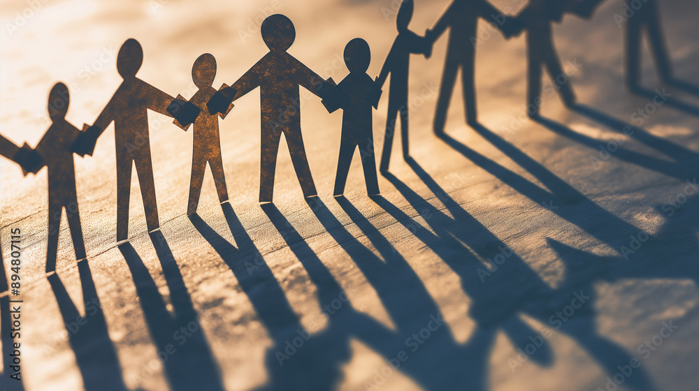 Unbroken chain of paper people holding hands, shadows stretching across ...