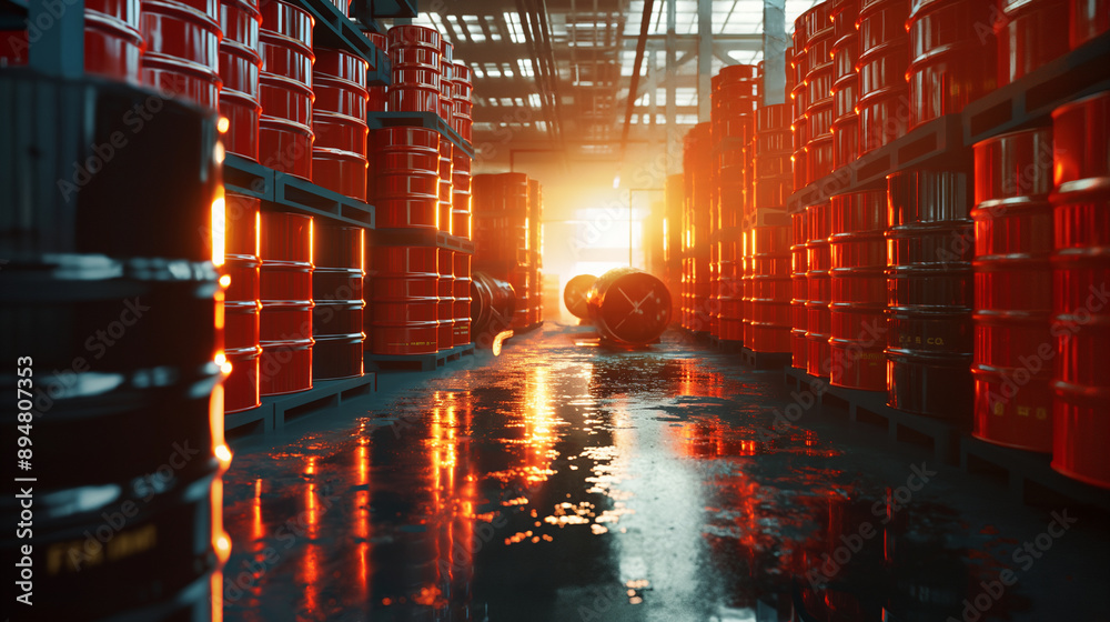 Warehouse filled with pallets of red and black barrels containing ...