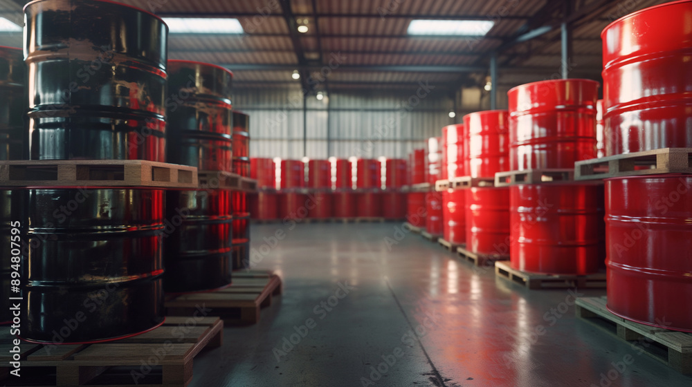 Red and black barrels filled with fossil fuels on pallets in a ...