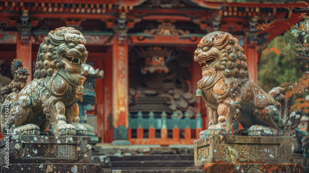 Okinawan lion dog statues (Shisa) guarding a temple gate, mythology ...
