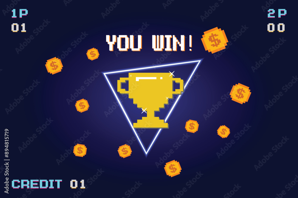 8-bit pixel art with text "You Win" and a big golden cup and gold coin ...
