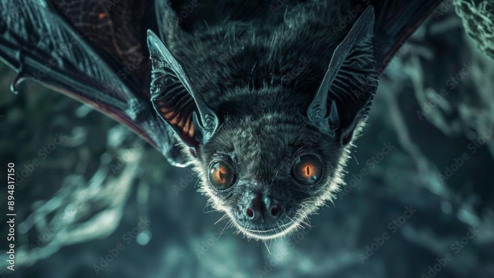 Vampire Bat Hanging Upside Down in Cave with Glowing Red Eyes ...