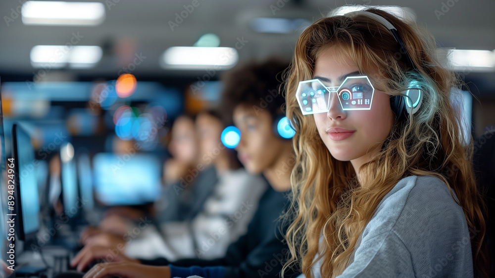 A female student wearing neon-drawing futuristic goggles works intently ...