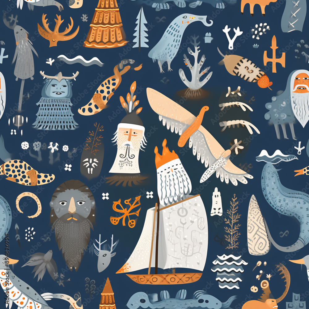 Colorful cartoon pattern of Norse mythology, with gods, runes and ...