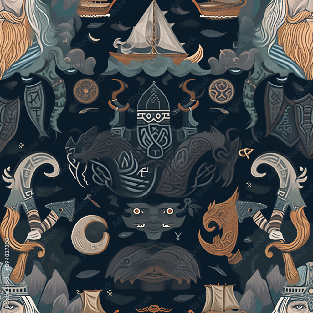 Colorful cartoon pattern of Norse mythology, with gods, runes and ...