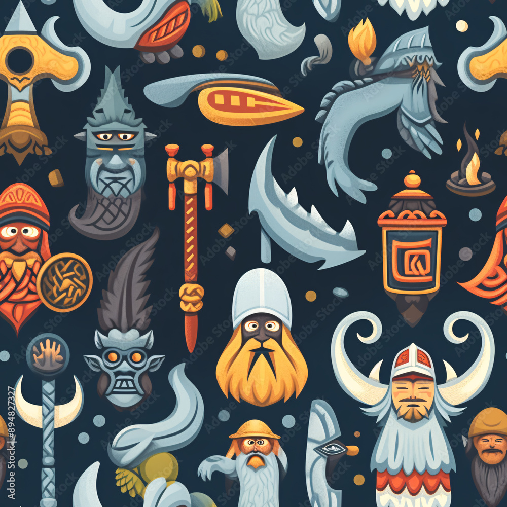 Colorful cartoon pattern of Norse mythology, with gods, runes and ...
