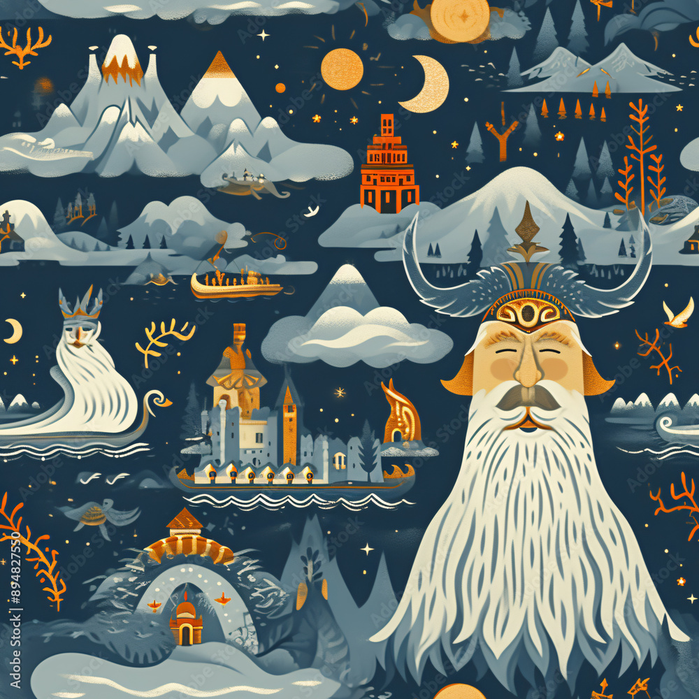 Colorful cartoon pattern of Norse mythology, with gods, runes and ...