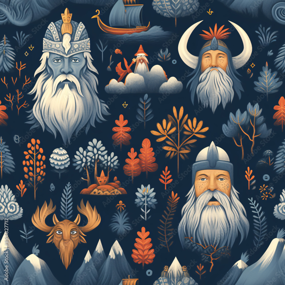Colorful cartoon pattern of Norse mythology, with gods, runes and ...