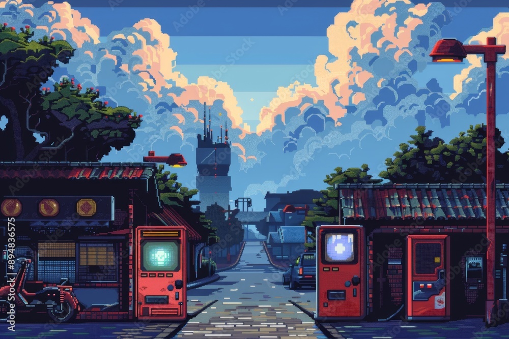 Retro arcade game machine with a city on background - pixel art style ...