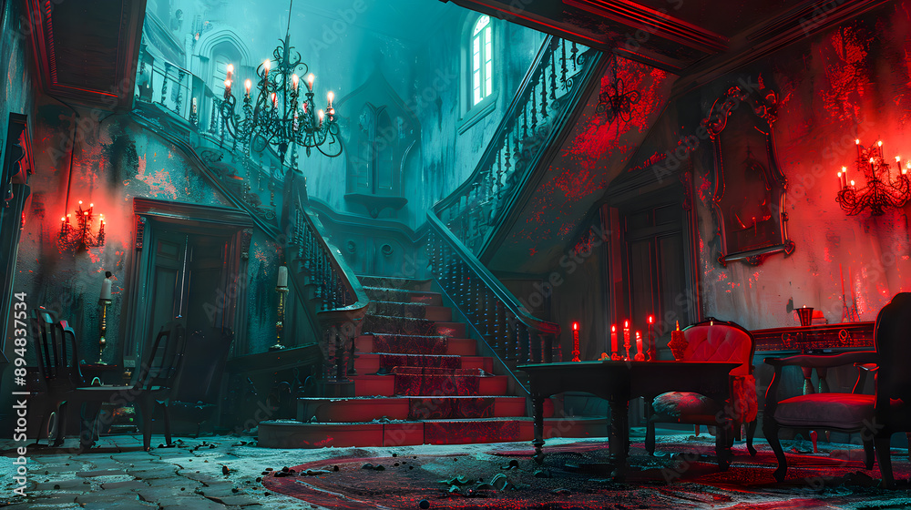 An antique vampire castle is set in an elegant Victorian living room ...
