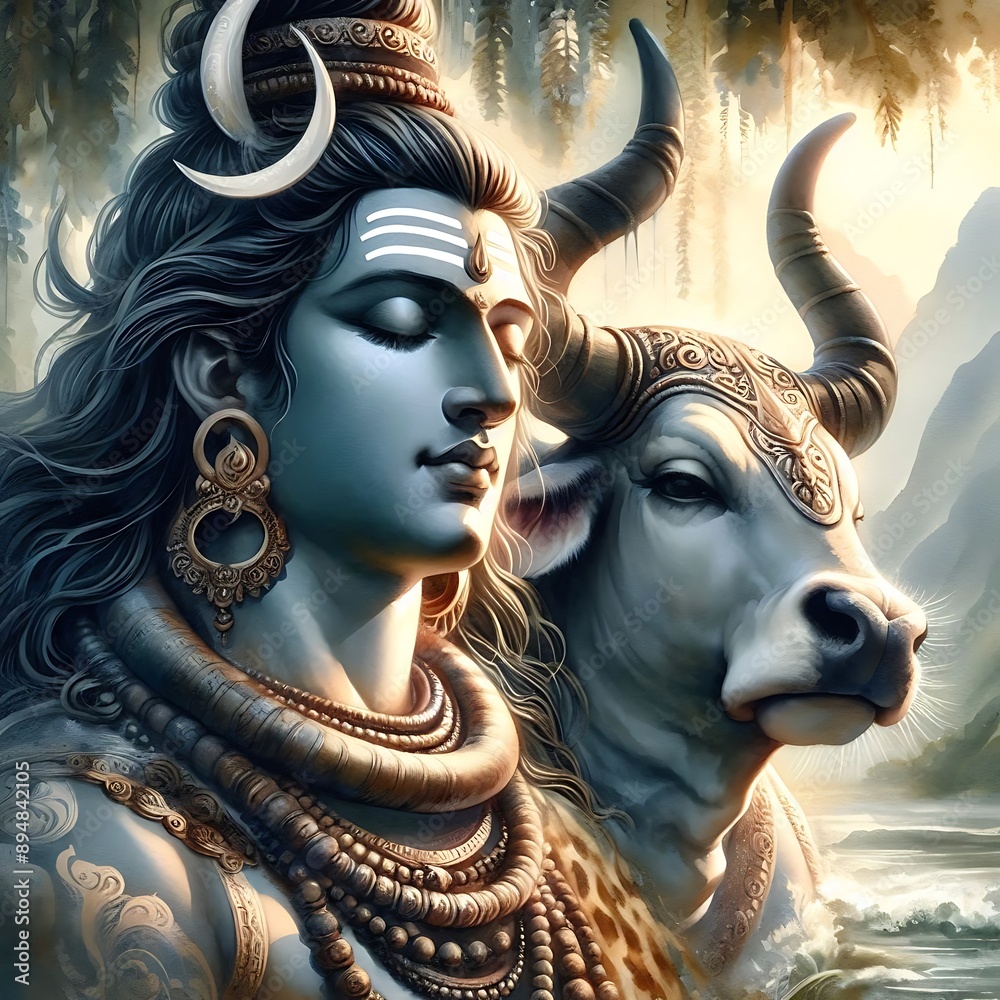 Watercolor of Lord Shiva with Nandi, His Sacred Bull, in a Tranquil ...