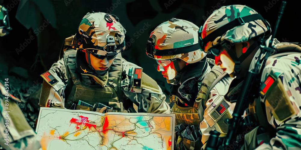 Tactical Command Center: A group of soldiers discussing a strategy map ...