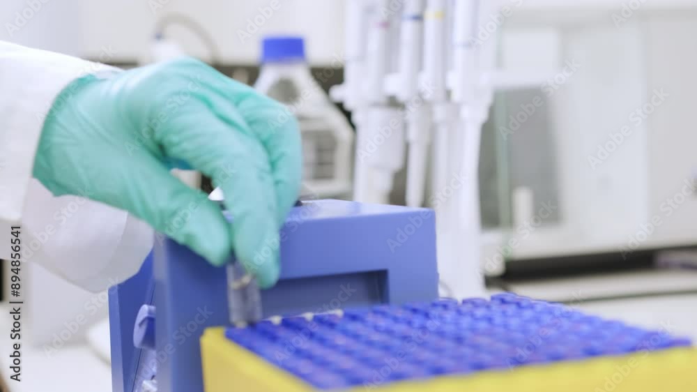 Close up of a chemist shaking samples using a vortex mixer before HPLC ...