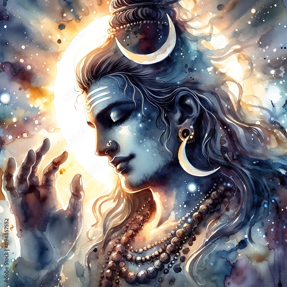Watercolor Painting of Lord Shiva with Crescent Moon on His Head, Bathed in Celestial Glow Stock ...