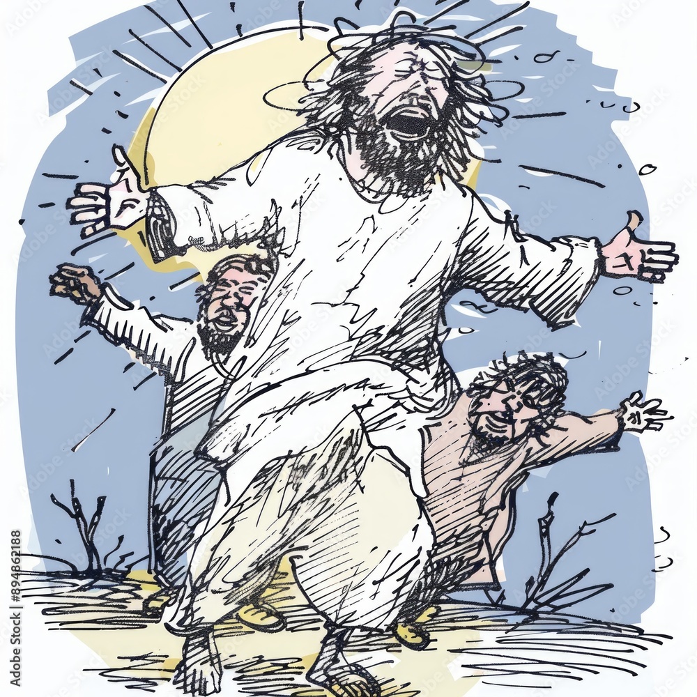 Jesus, surrounded by a halo of light, is being apprehended by a soldier ...