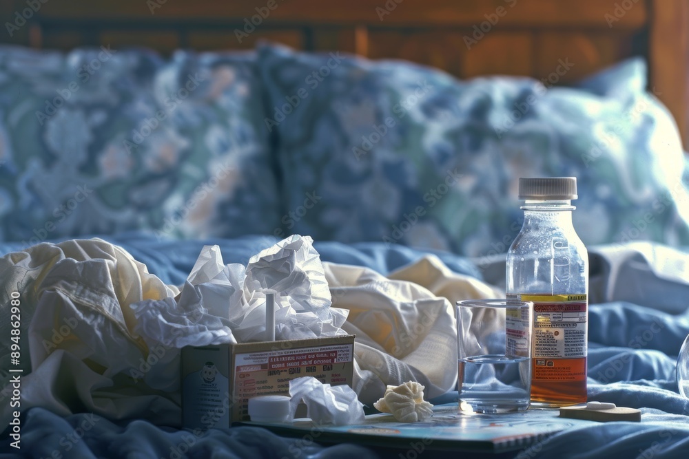 Cold and Flu Remedies on Bedside Table with Tissue, Medication, and ...