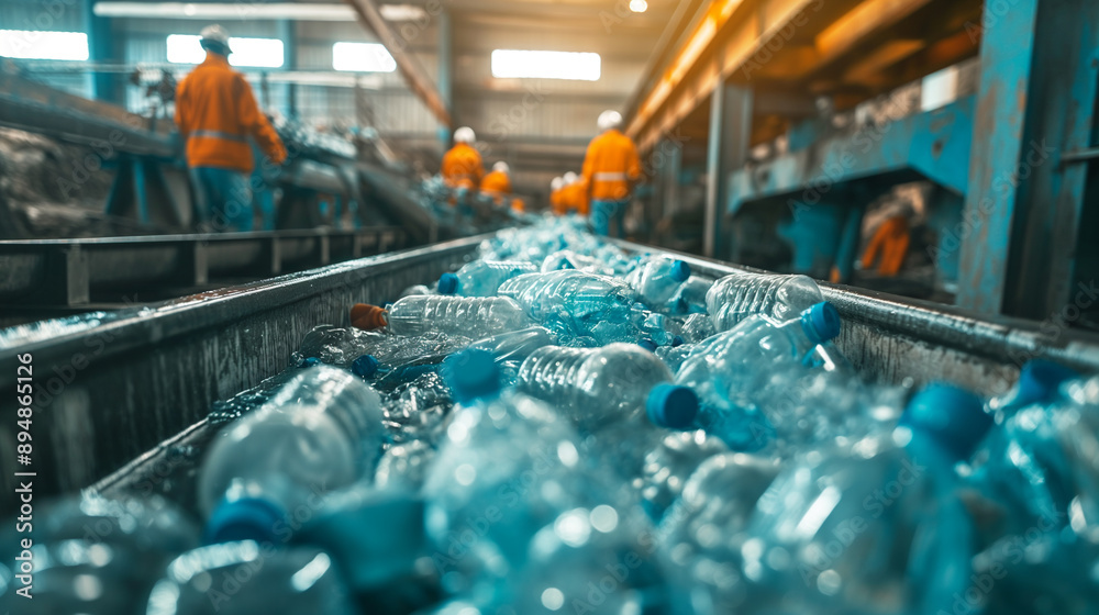 Plastic waste is transported by conveyor belt in recycling plants ...