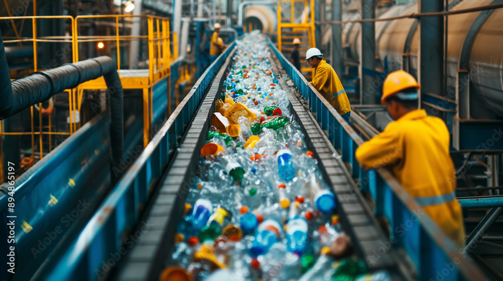 Plastic waste is transported by conveyor belt in recycling plants ...
