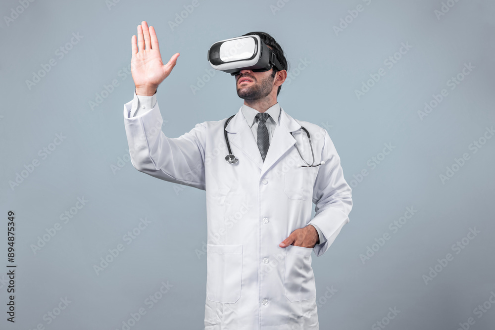 Caucasian doctor looking medical data while using VR goggles to connect ...