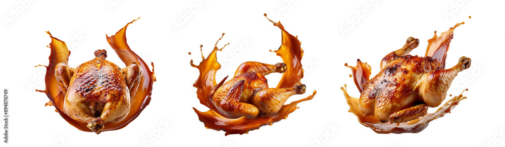 Set of Roasted grilled BBQ whole chicken body with splash or poured ...