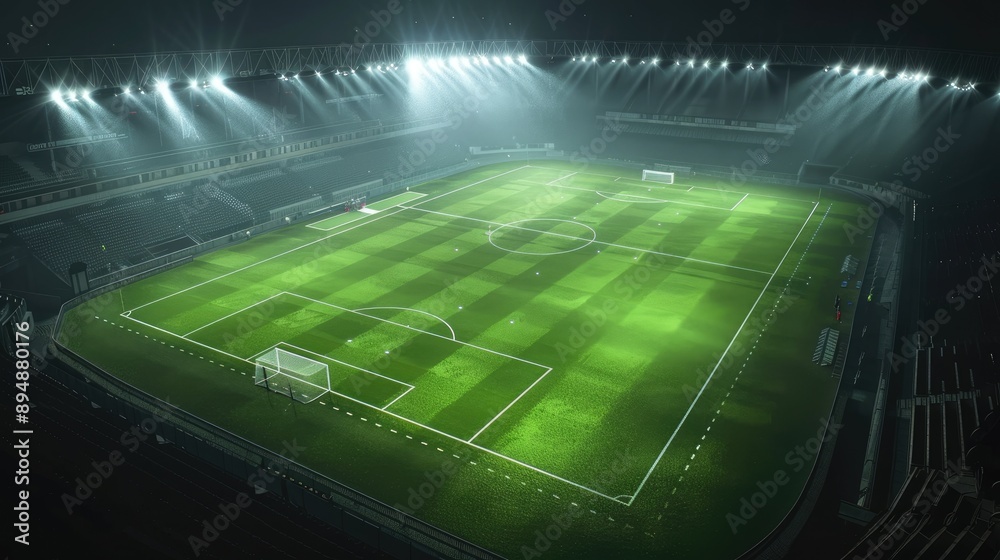 High-angle view of a football stadium arena, featuring a green grass ...