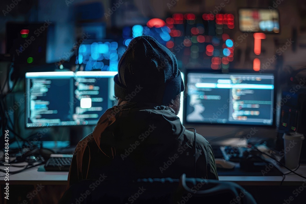 Hacker working on multiple monitors in a dark room with code on screen ...