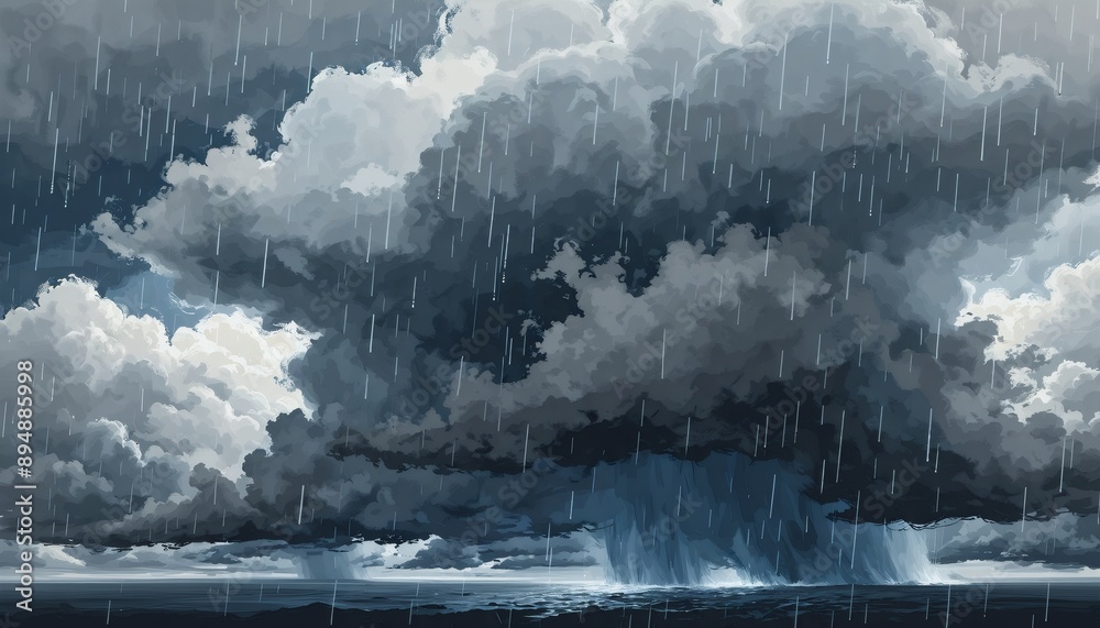 vector silhouette with a storm cloud overhead, cascading rain in gray ...