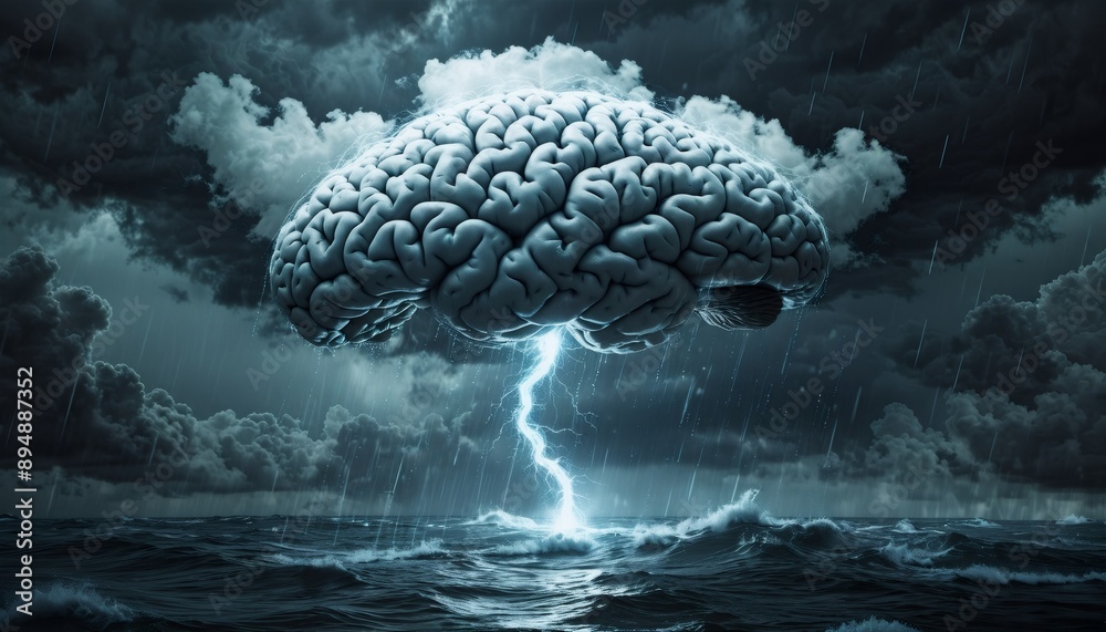 ominous storm cloud with an illuminated brain, rain morphing into ...