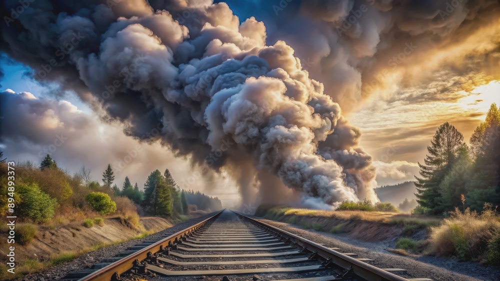 Dense smoke billows along train tracks, shrouding landscape in mystery ...