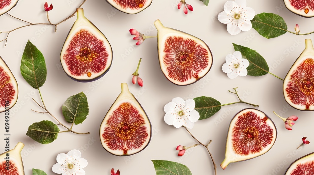 A detailed pattern of figs and fig leaves, with flowers and branches ...