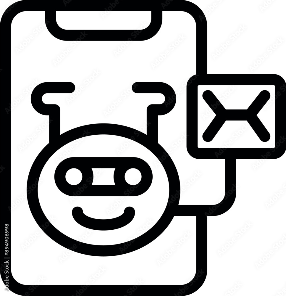 Line art icon of a chatbot smiling and showing a new message ...