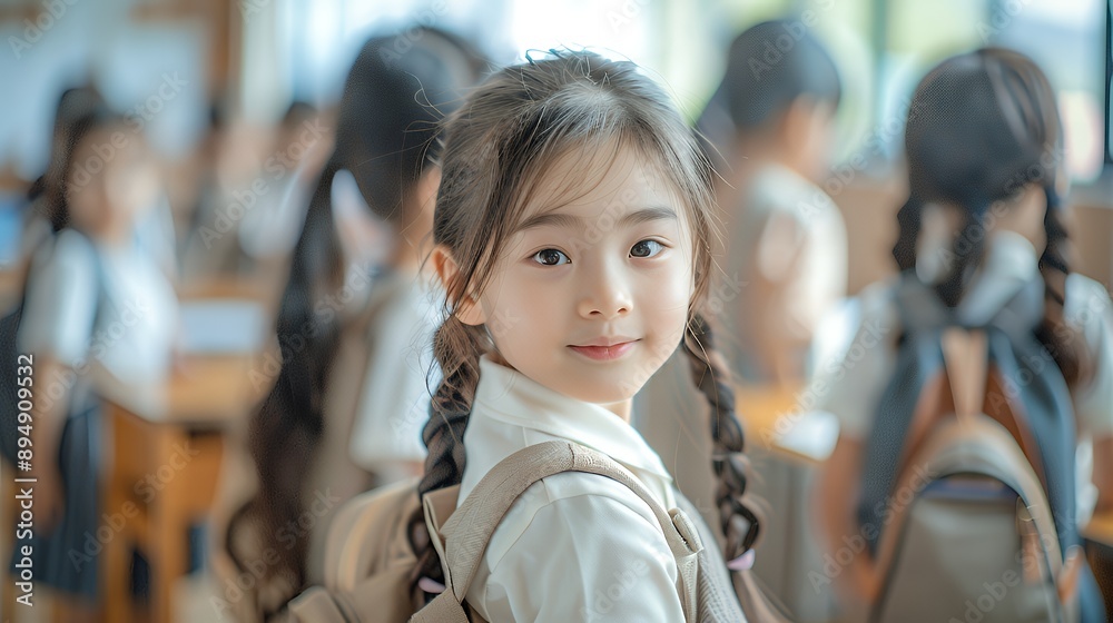 Beautiful smiling asian schoolgirl in school uniform with a school bag ...