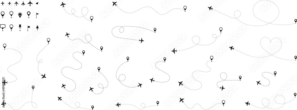 Airplane routes set. Air plane flight route with start point and line ...