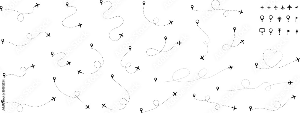 Airplane routes set. Air plane flight route with start point and line ...