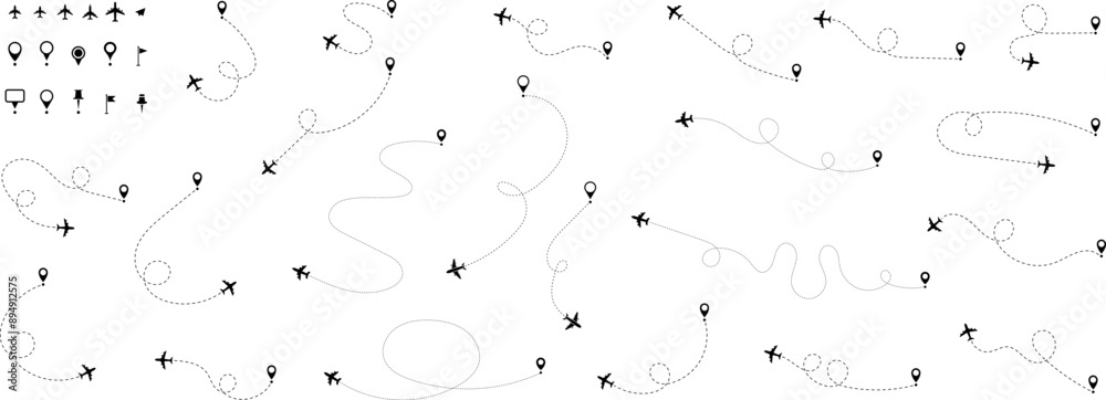 Airplane routes set. Air plane flight route with start point and line ...