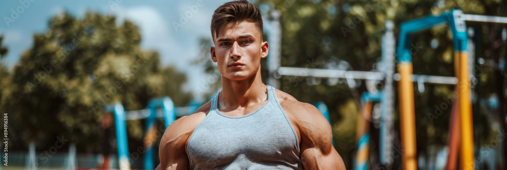 Confident and Muscular Man Posing Outdoors at a Workout Facility - A ...