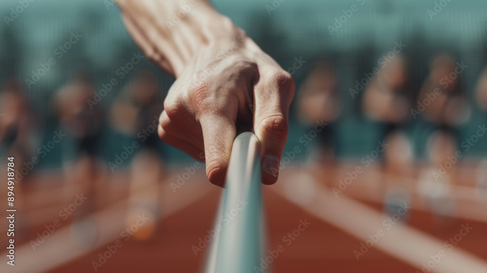A track and field relay team practicing baton handoffs, with coaches ...