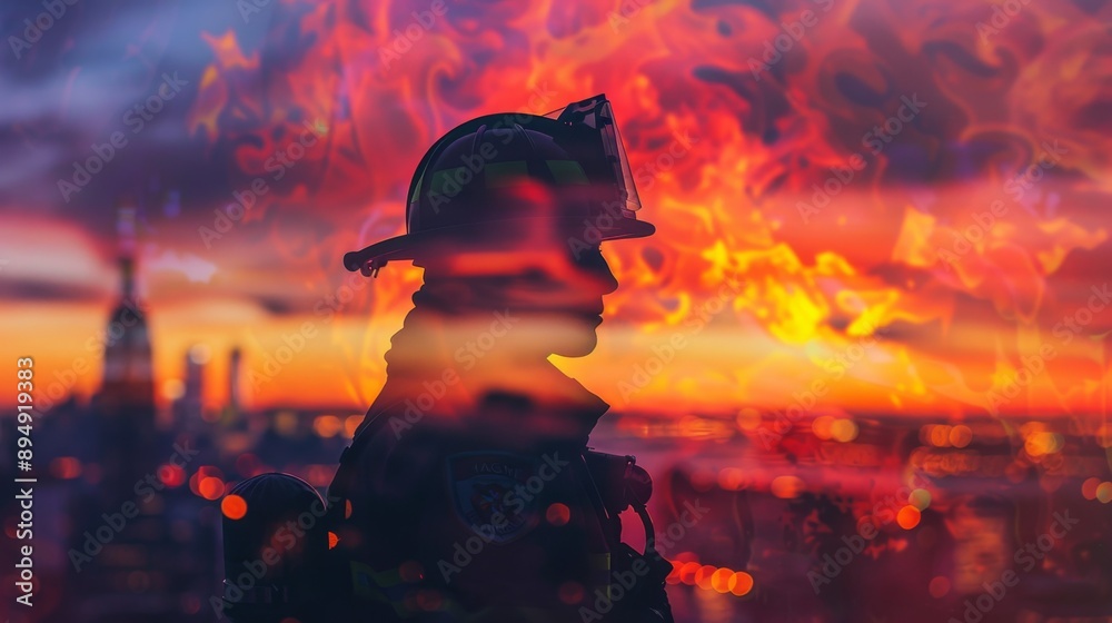 Firefighter Silhouette Against Burning City Skyline - A firefighter ...