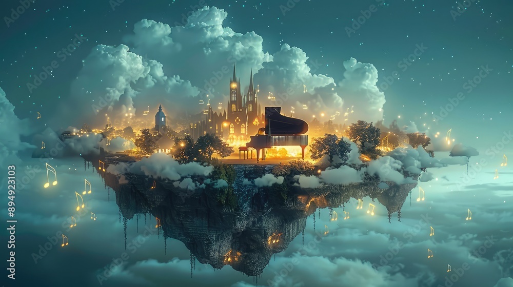 Floating islands with musical instruments embedded in them, a grand ...