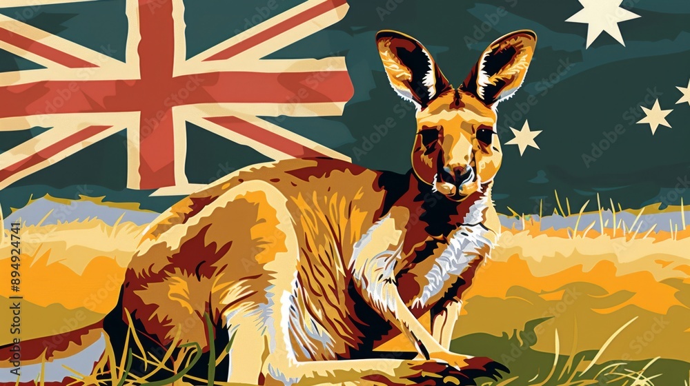 Kangaroo on Australian Flag Background - Travel and Culture Icon - A ...
