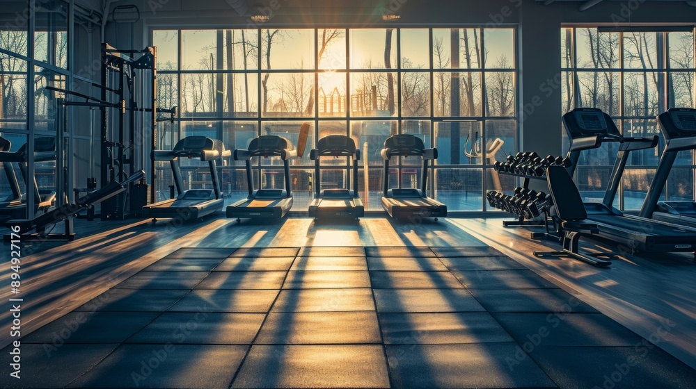 Modern Gym Interior with Treadmills and Sunlight Streaming Through ...