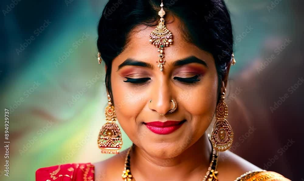 Close-up portrait of an Indian woman in her 40s wearing bindi and ...