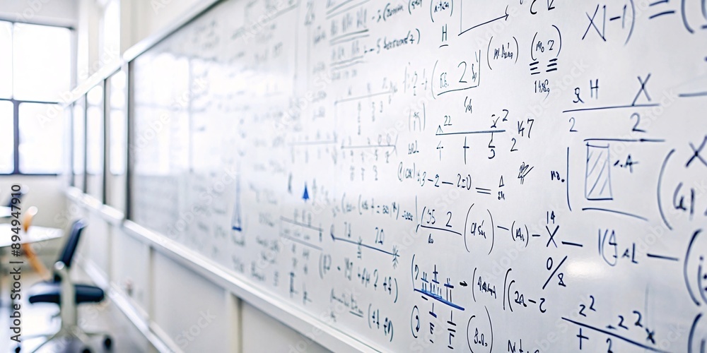 Whiteboard Covered in Complex Mathematical Equations and Diagrams. A ...